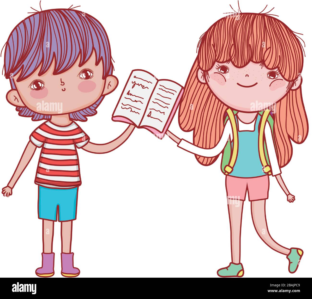 little girl with backpack and boy reading book cartoon vector ...