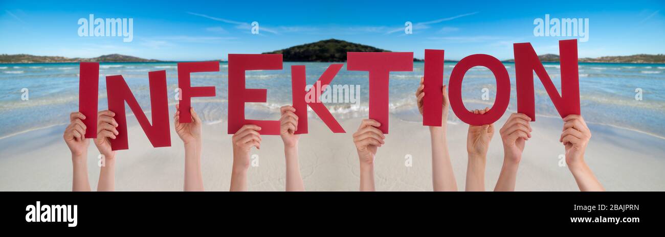 People Hands Holding Word Infektion Means Infection, Ocean Background ...