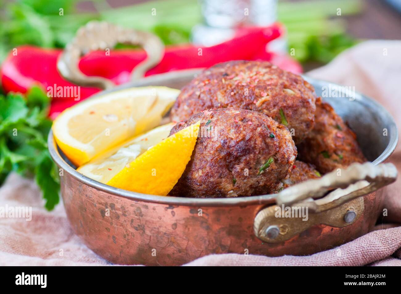 Fried minced meat kofta or kebab in a bowl. Close up. Middle eastern ...