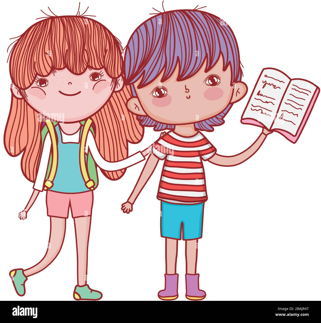 little girl with backpack and boy reading book cartoon vector ...
