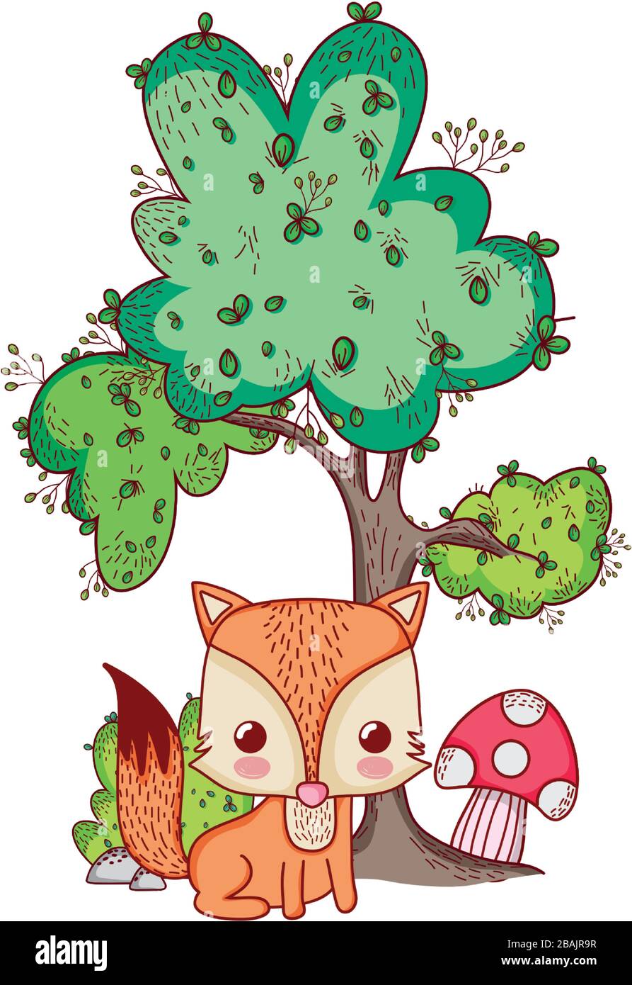 cute animals, little fox mushroom tree nature cartoon vector ...