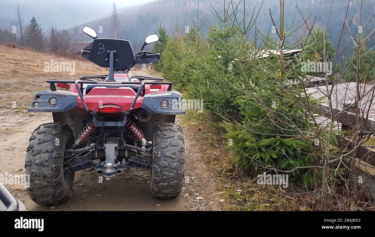Utility red ATV on a dirt road, close-up, rear view. four-wheeled car ...