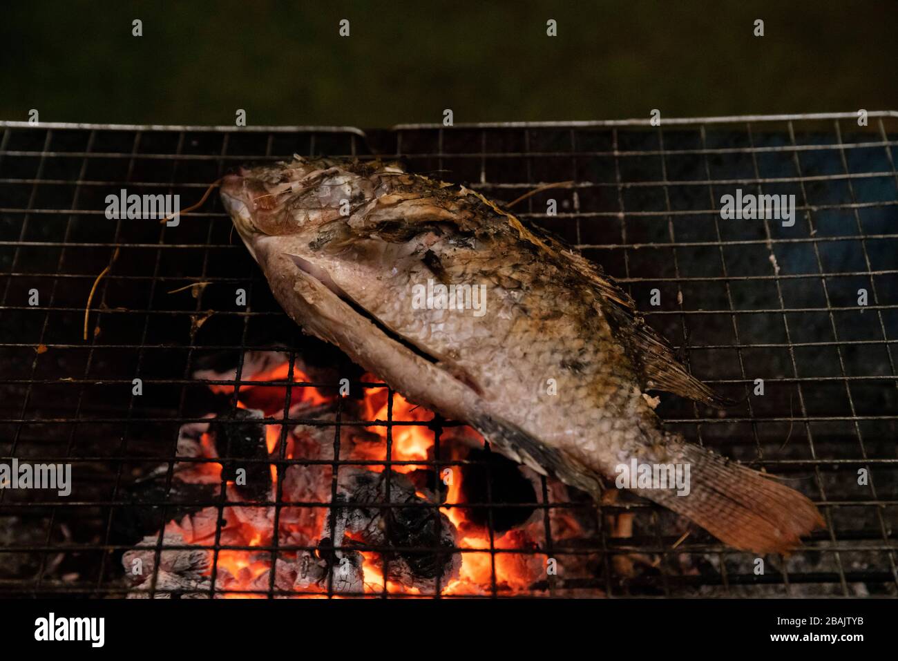 Outdoor fish grilled on the charcoal stove Stock Photo - Alamy