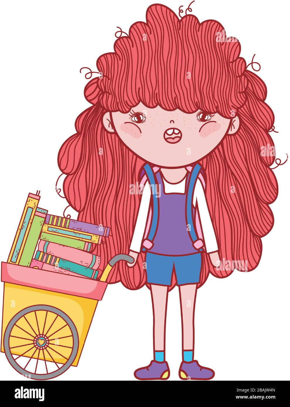 cute girl with cart filled of books cartoon isolated design vector ...