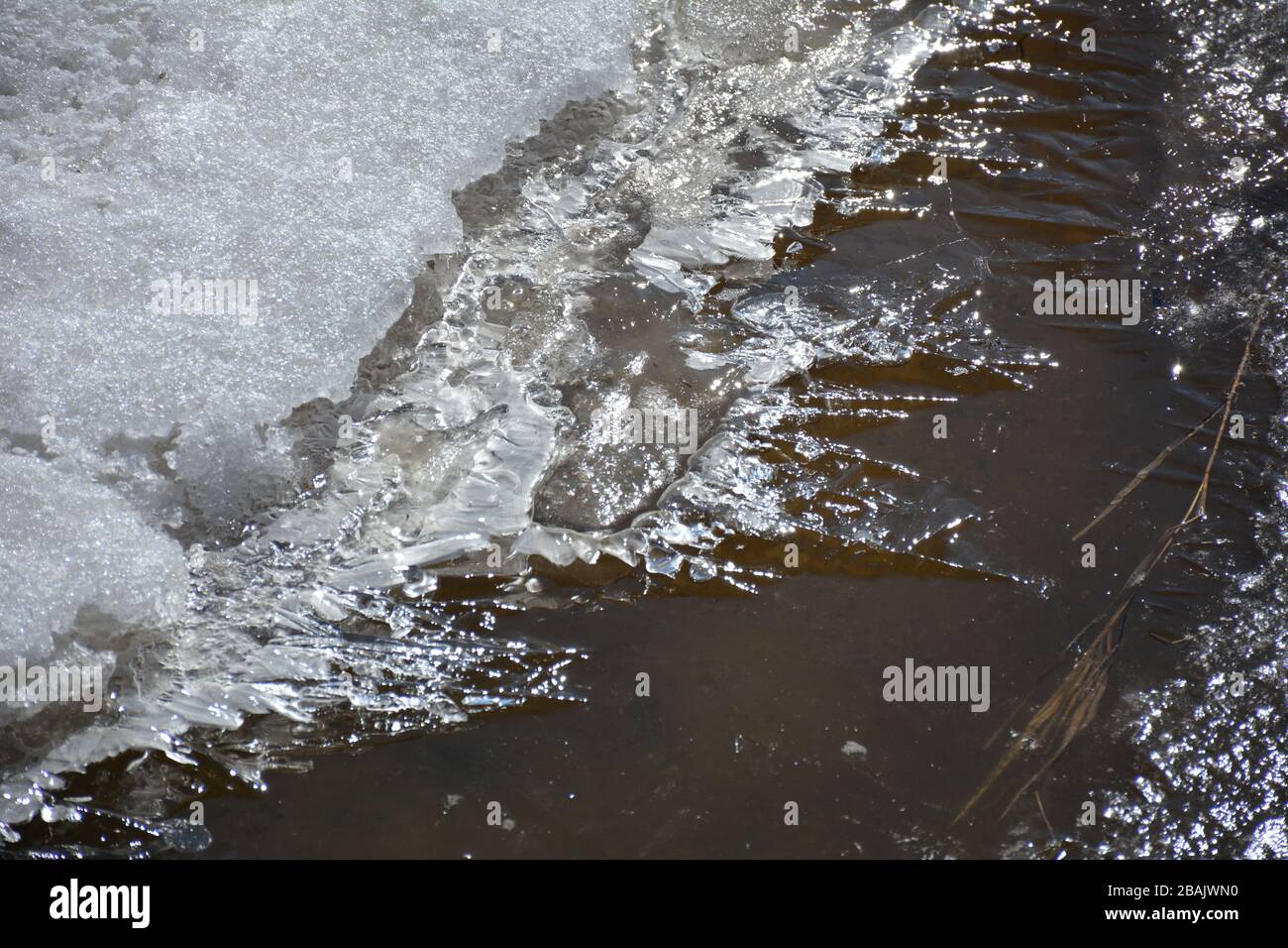 Patterns formed by melting ice in puddles on roadway Stock Photo - Alamy