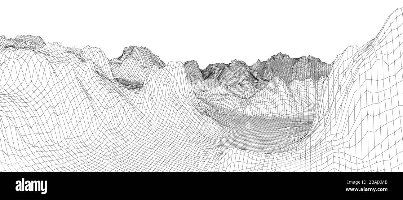 Abstract 3d wire-frame landscape. Blueprint style. Vector rendering ...