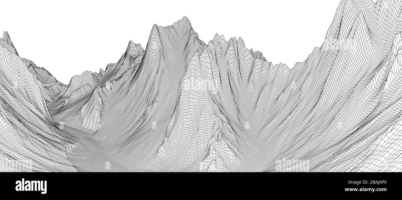 Abstract 3d wire-frame landscape. Blueprint style. Vector rendering ...