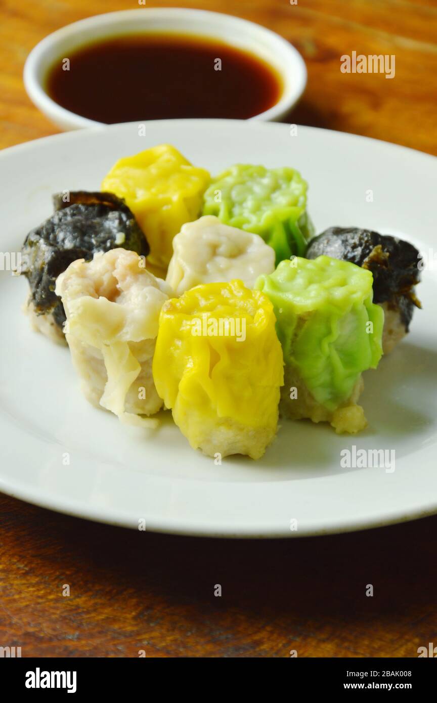 variety steamed Chinese dim sum eat couple with soy sauce Stock Photo ...