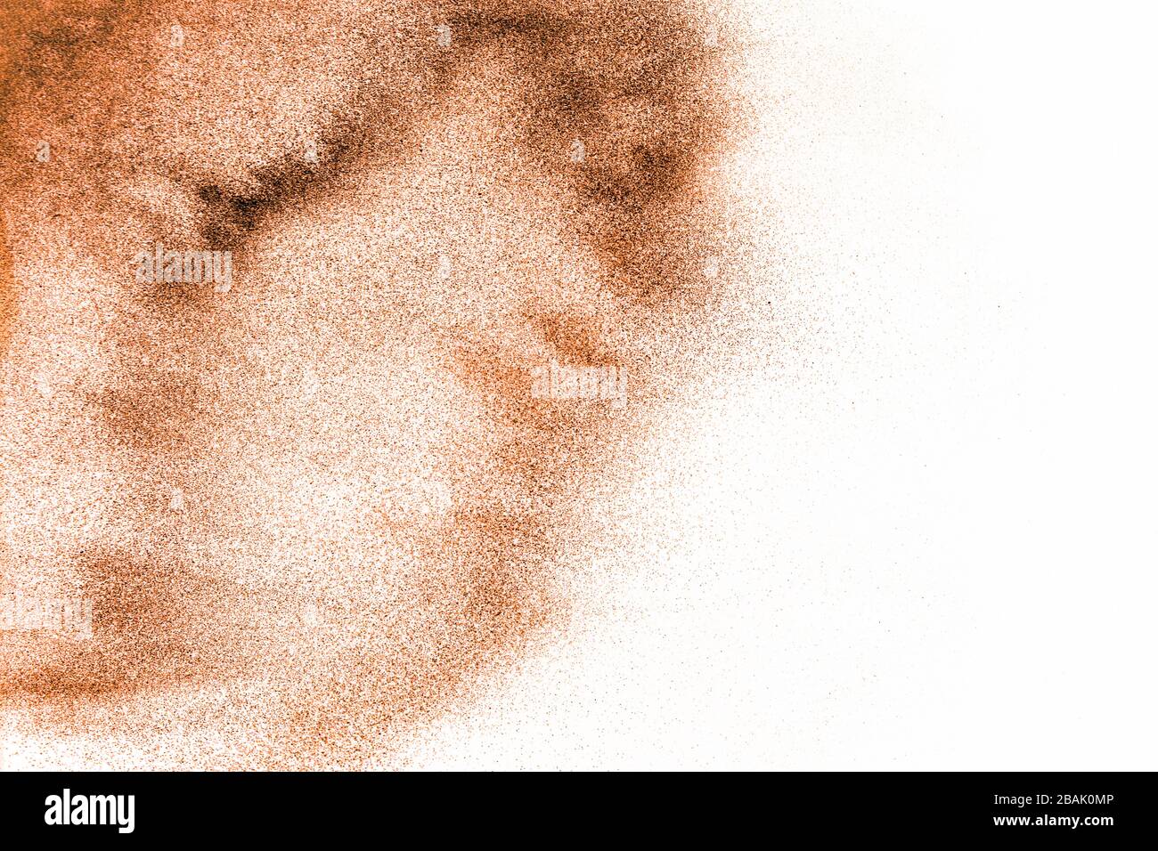 Dry river sand explosion. Brown color sand splash against white ...