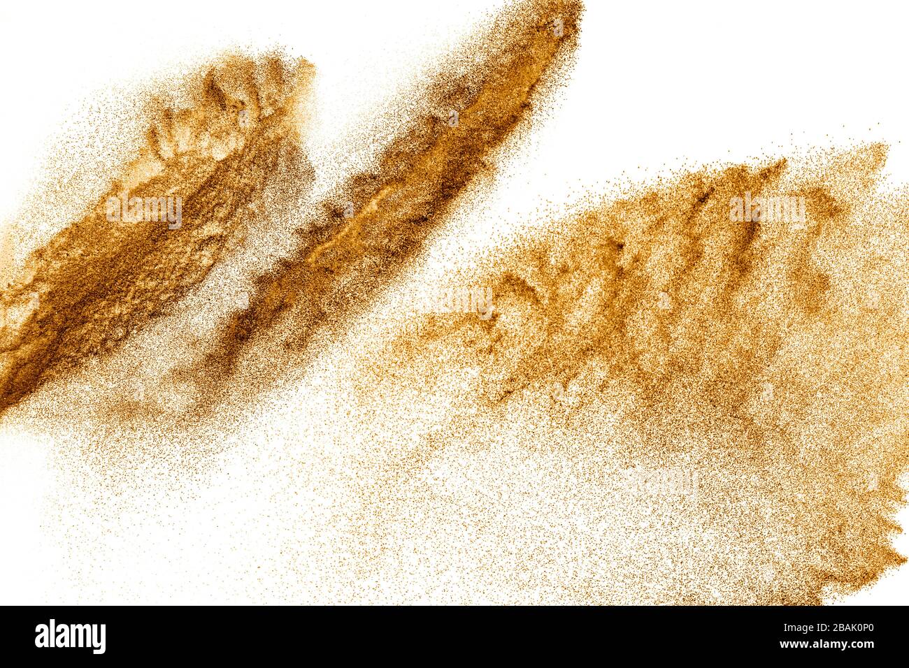 Dry river sand explosion. Brown color sand splash against white ...
