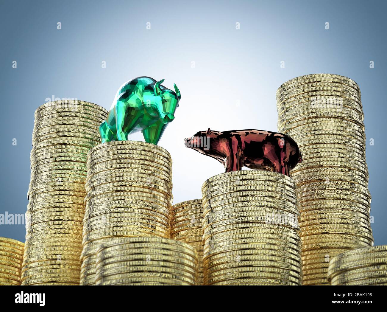 Bull and bear economy concept with 3d rendering bull and bear on stack ...