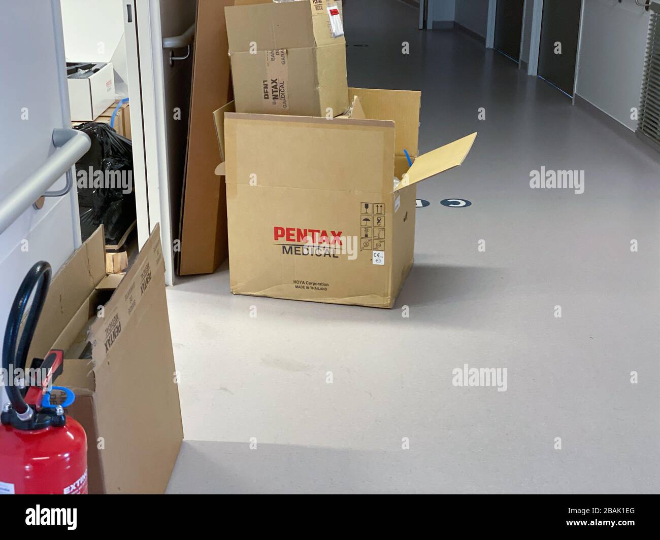 Strasbourg, France - Mar 3, 2020: Multiple cardboard boxes on hospital ...