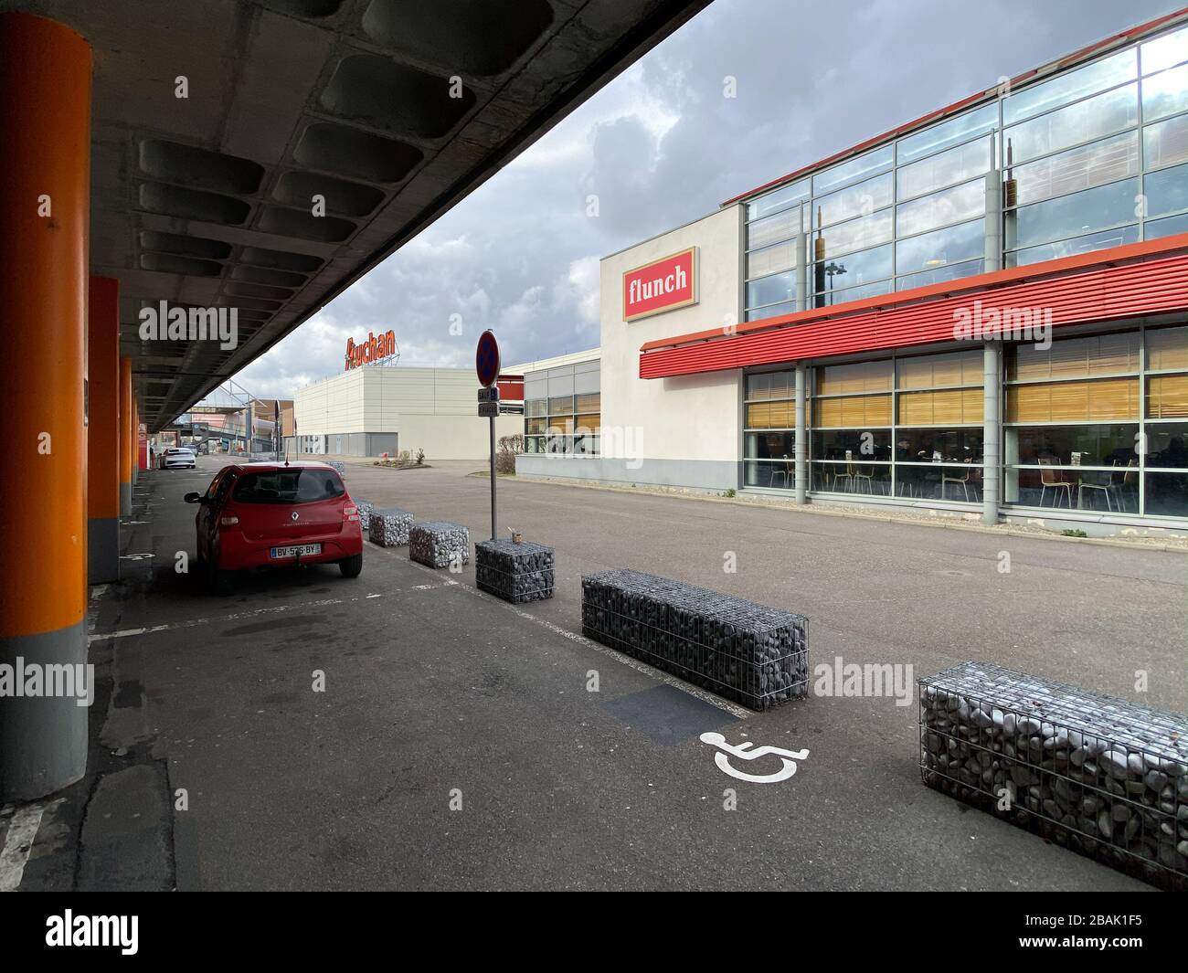 Paris, France - FEB 11, 2020: Car parked near Flunch restaurant with ...