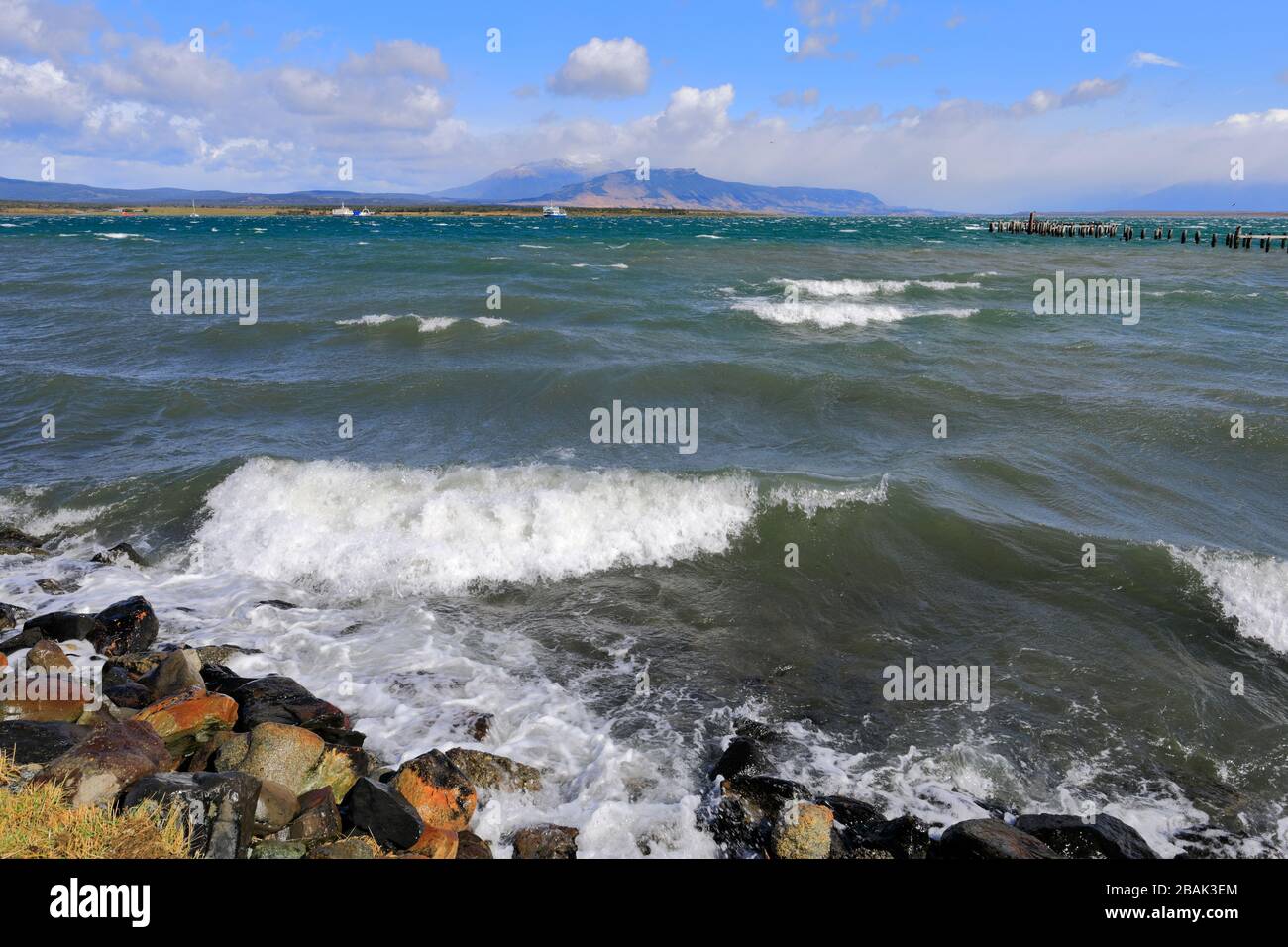 View over the Gulf of Admiral Montt, Puerto Natales city, Patagonia ...