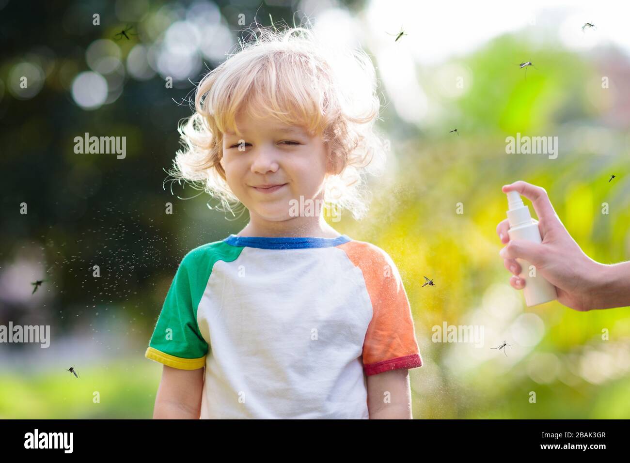 Mosquito on kids skin. Little boy attacked by mosquitoes in tropical ...