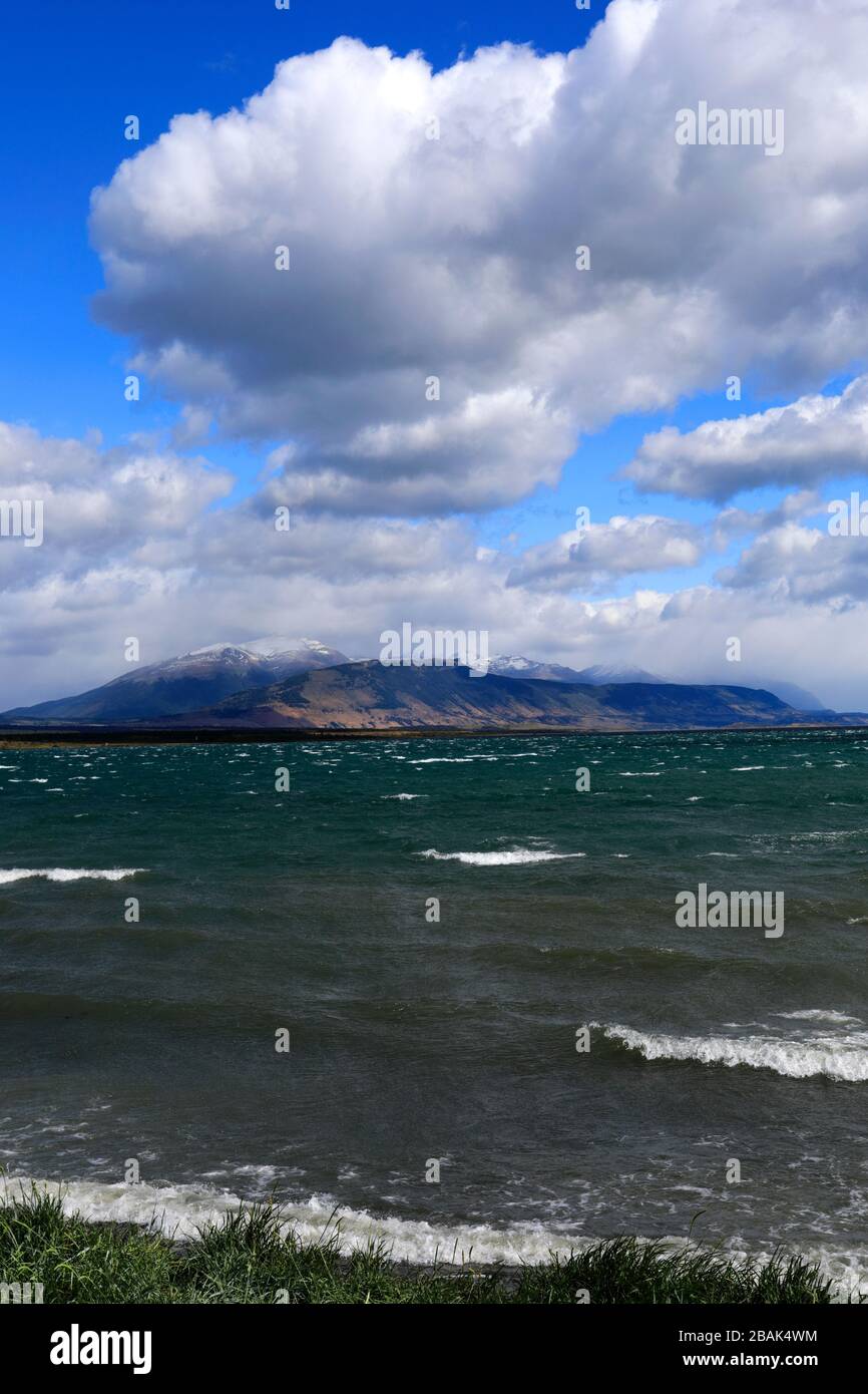 View over the Gulf of Admiral Montt, Puerto Natales city, Patagonia ...