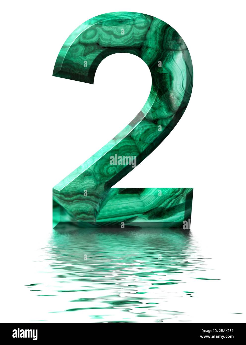 Arabic numeral 2, two, from natural green malachite, reflected on the ...