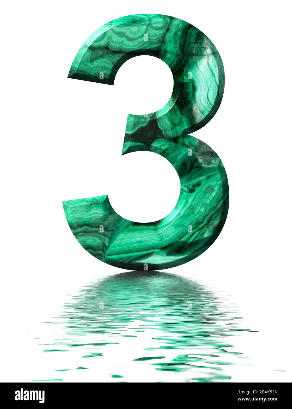 Arabic numeral 3, three, from natural green malachite, reflected on the ...