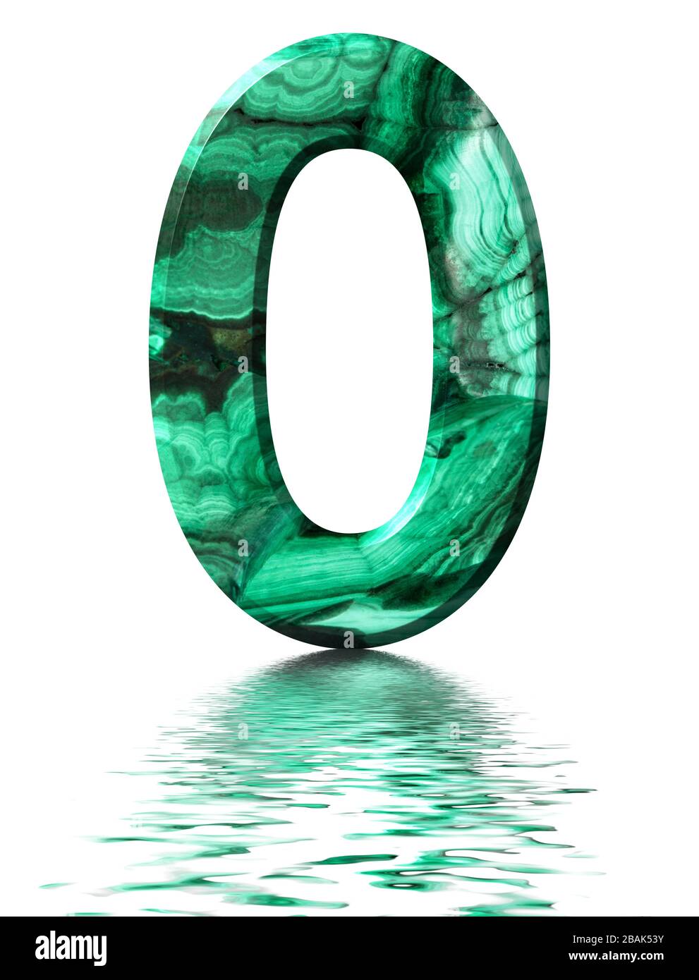 Arabic numeral 0, zero, from natural green malachite, reflected on the ...