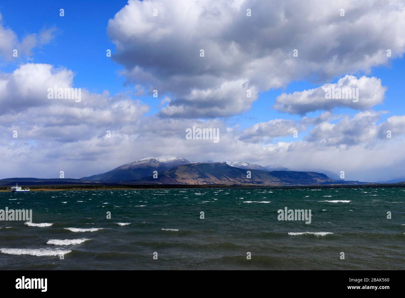View over the Gulf of Admiral Montt, Puerto Natales city, Patagonia ...