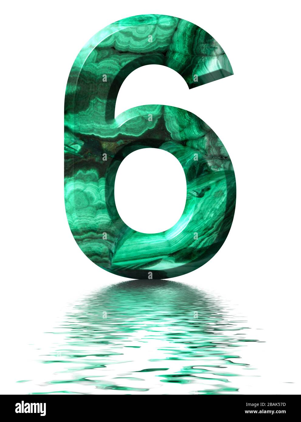 Arabic numeral 6, six, from natural green malachite, reflected on the ...