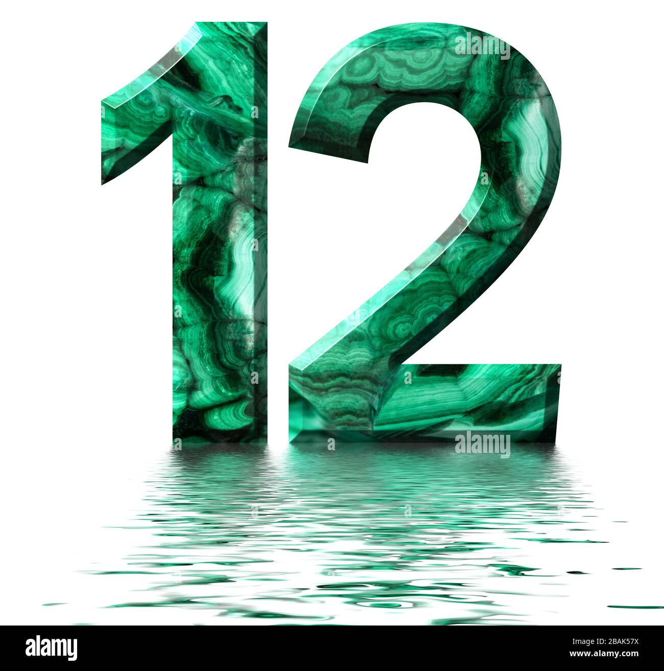 Arabic numeral 12, twelve, from natural green malachite, reflected on ...