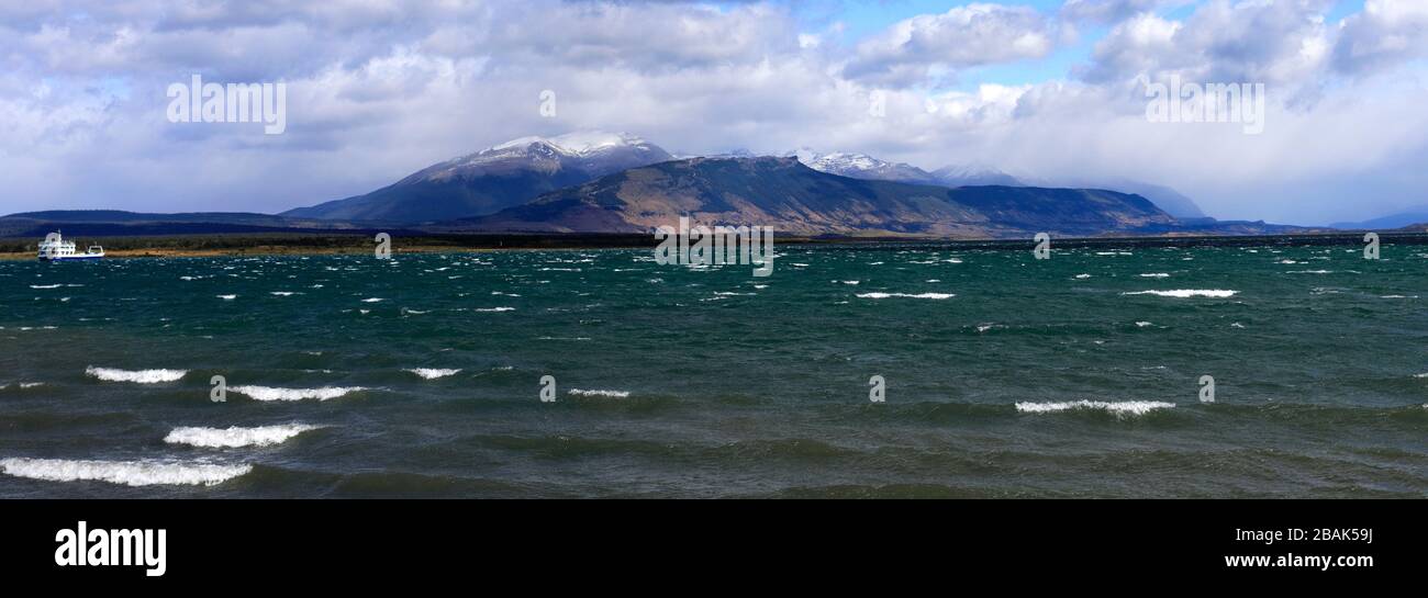 View over the Gulf of Admiral Montt, Puerto Natales city, Patagonia ...