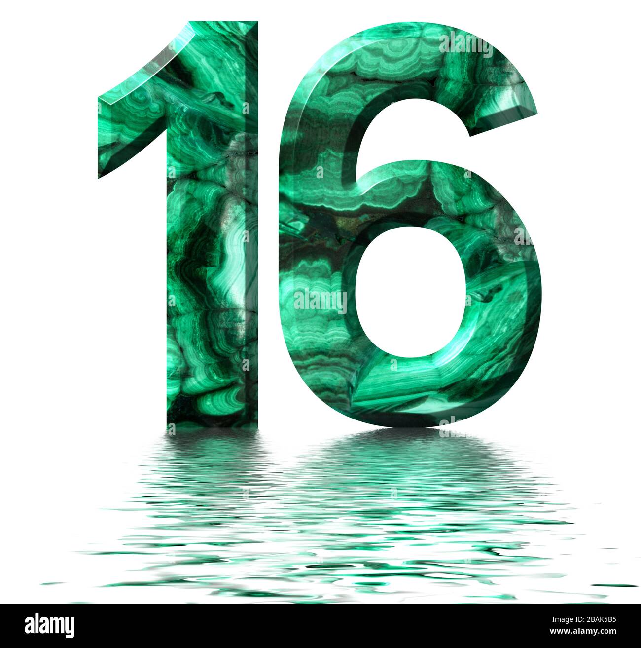 Arabic numeral 16, sixteen, from natural green malachite, reflected on ...