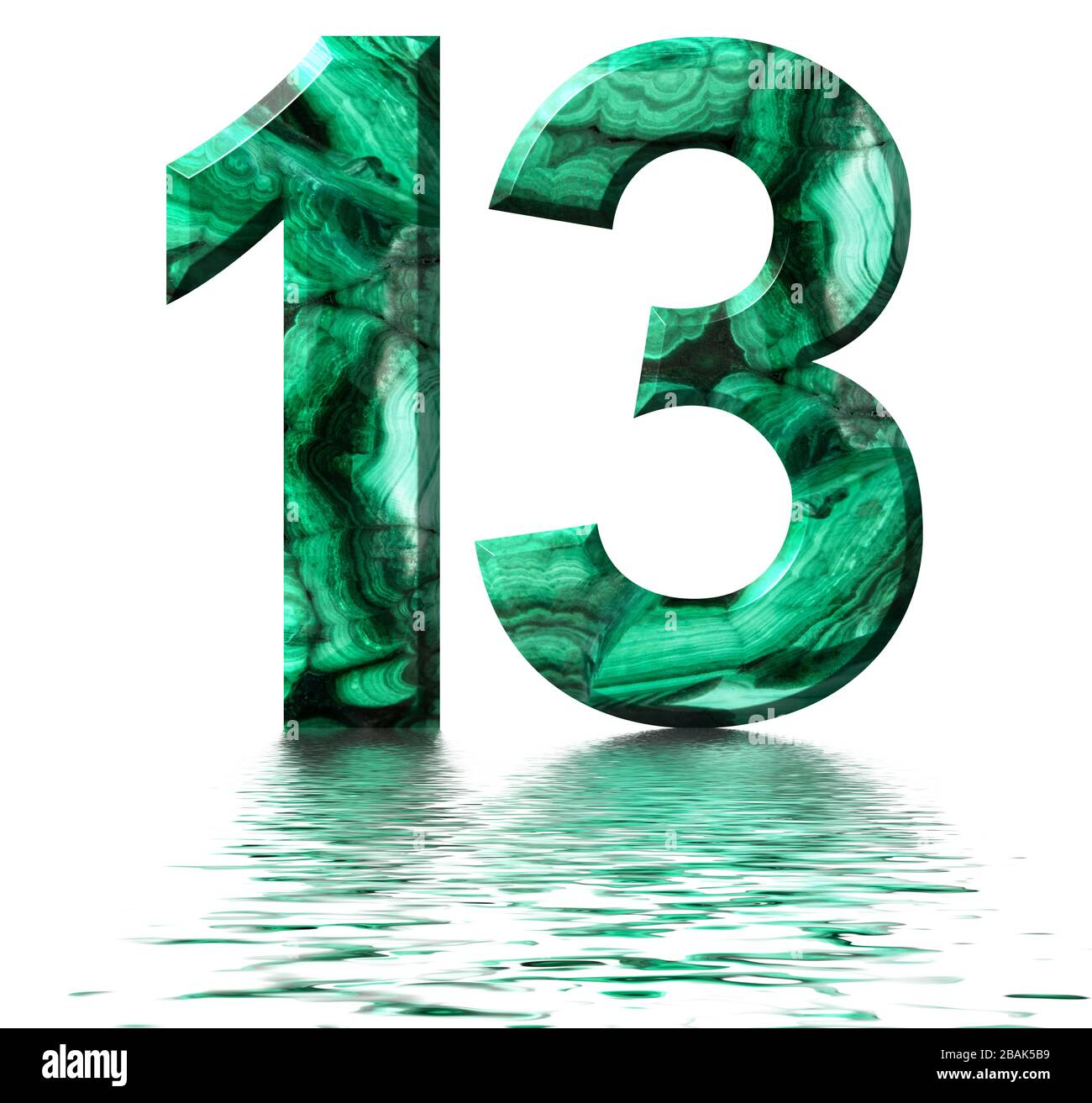 Arabic numeral 13, thirteen, from natural green malachite, reflected on ...