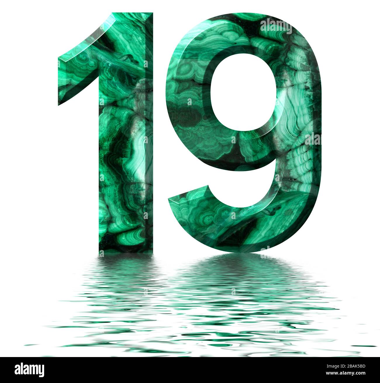Arabic numeral 19, nineteen, from natural green malachite, reflected on ...