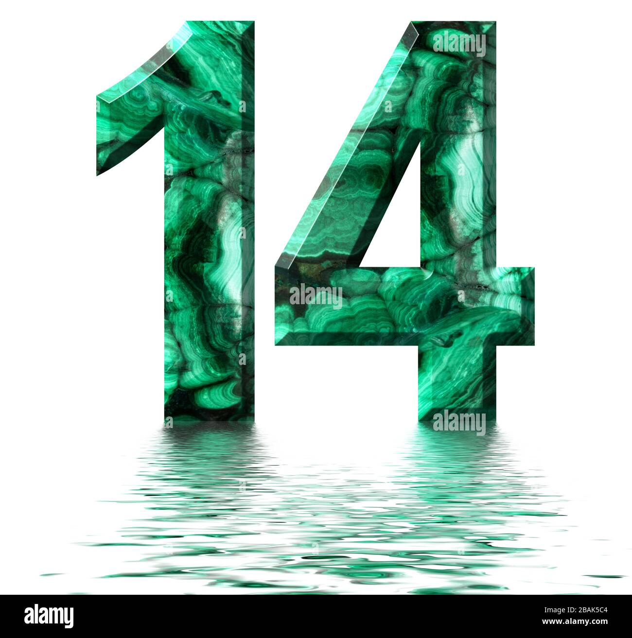 Arabic numeral 14, fourteen, from natural green malachite, reflected on ...