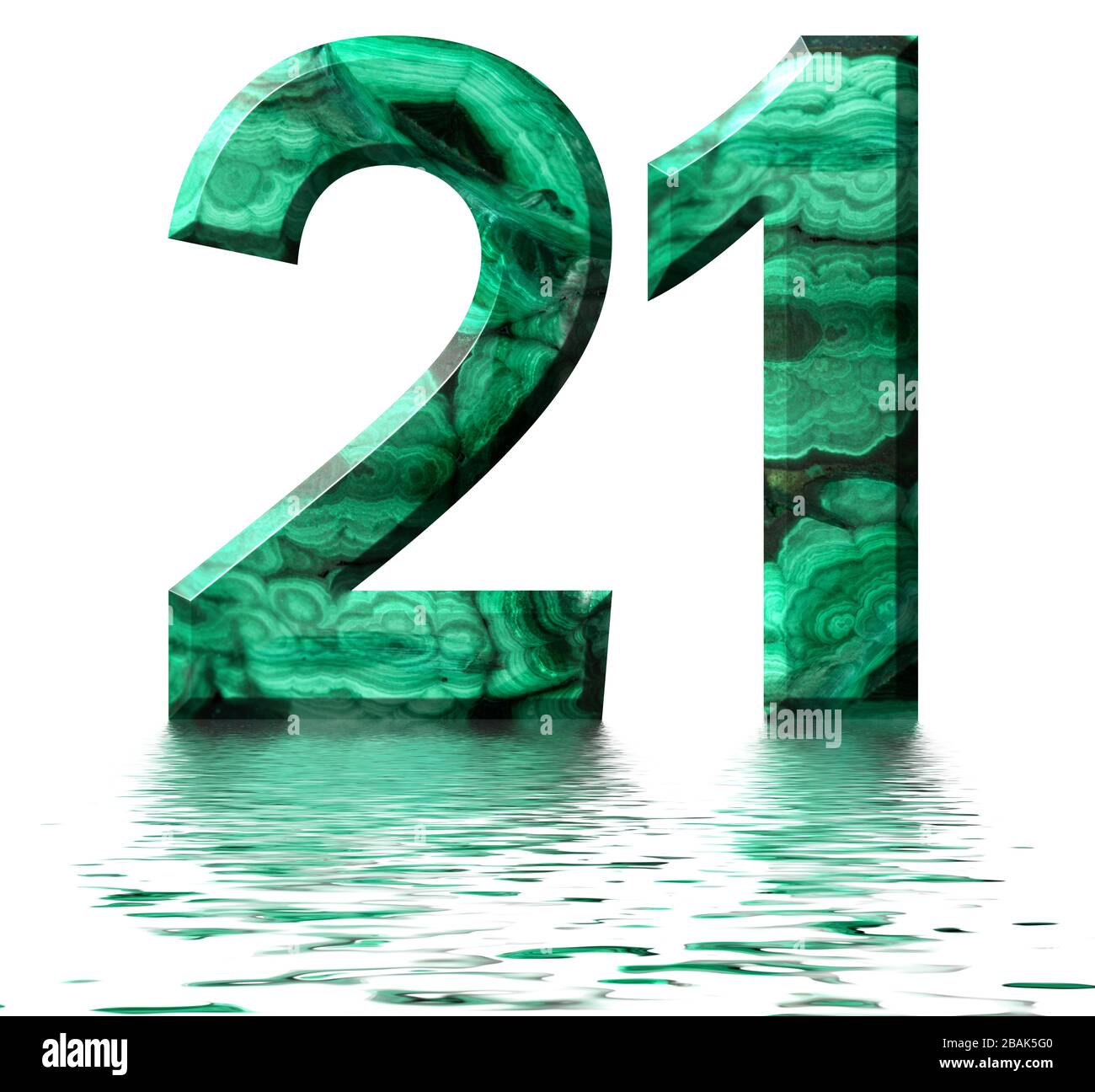 Arabic numeral 21, twenty one, from natural green malachite, reflected ... Arabic numeral 21, twenty one, from natural green malachite, reflected ...