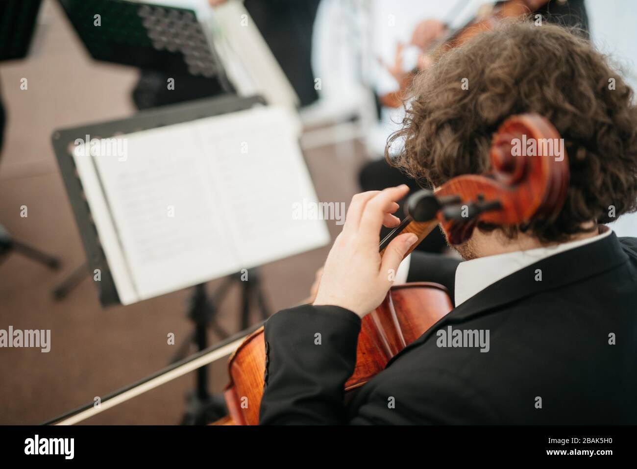 The musician in the band plays the cello in front of the notes Stock ...