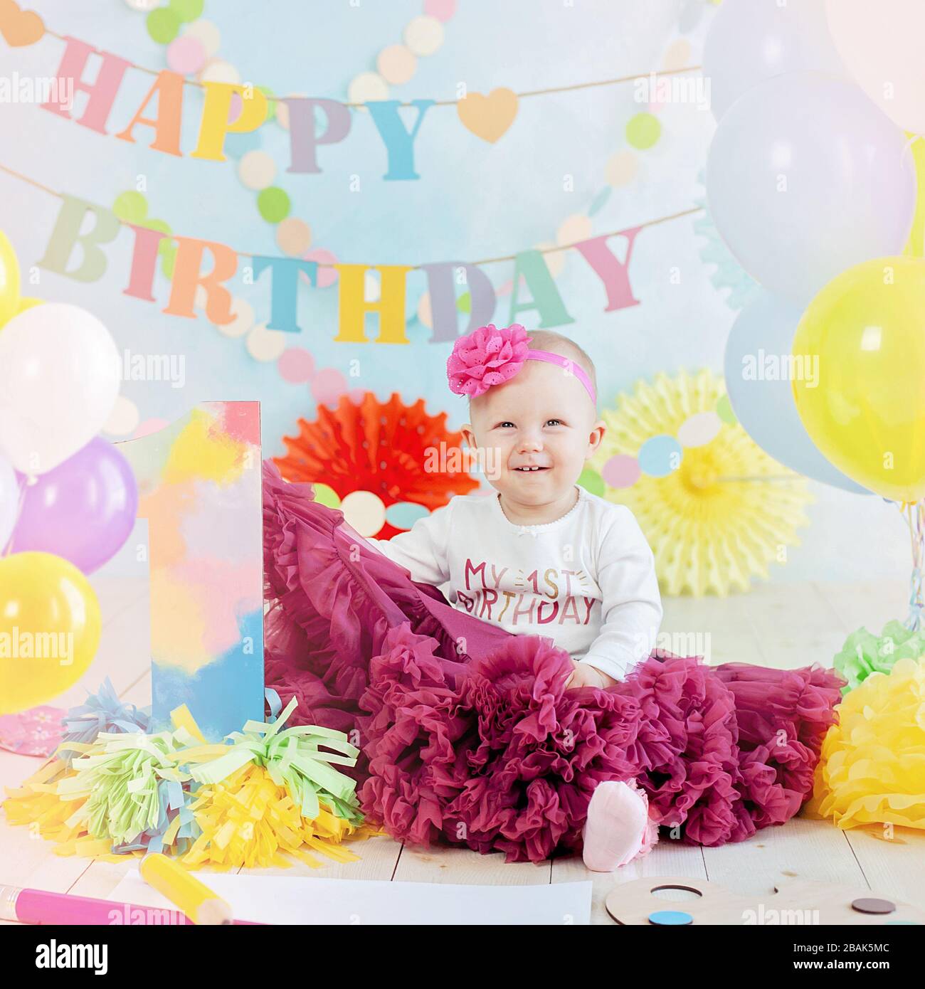 First birthday smash the cake. cream on legs. Festive background ...