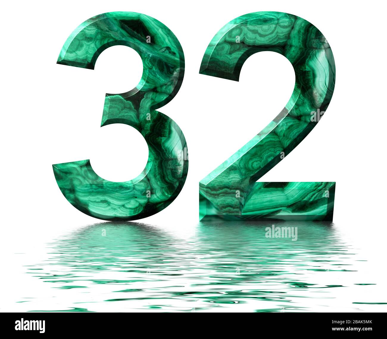 Arabic numeral 32, thirty two, from natural green malachite, reflected ...