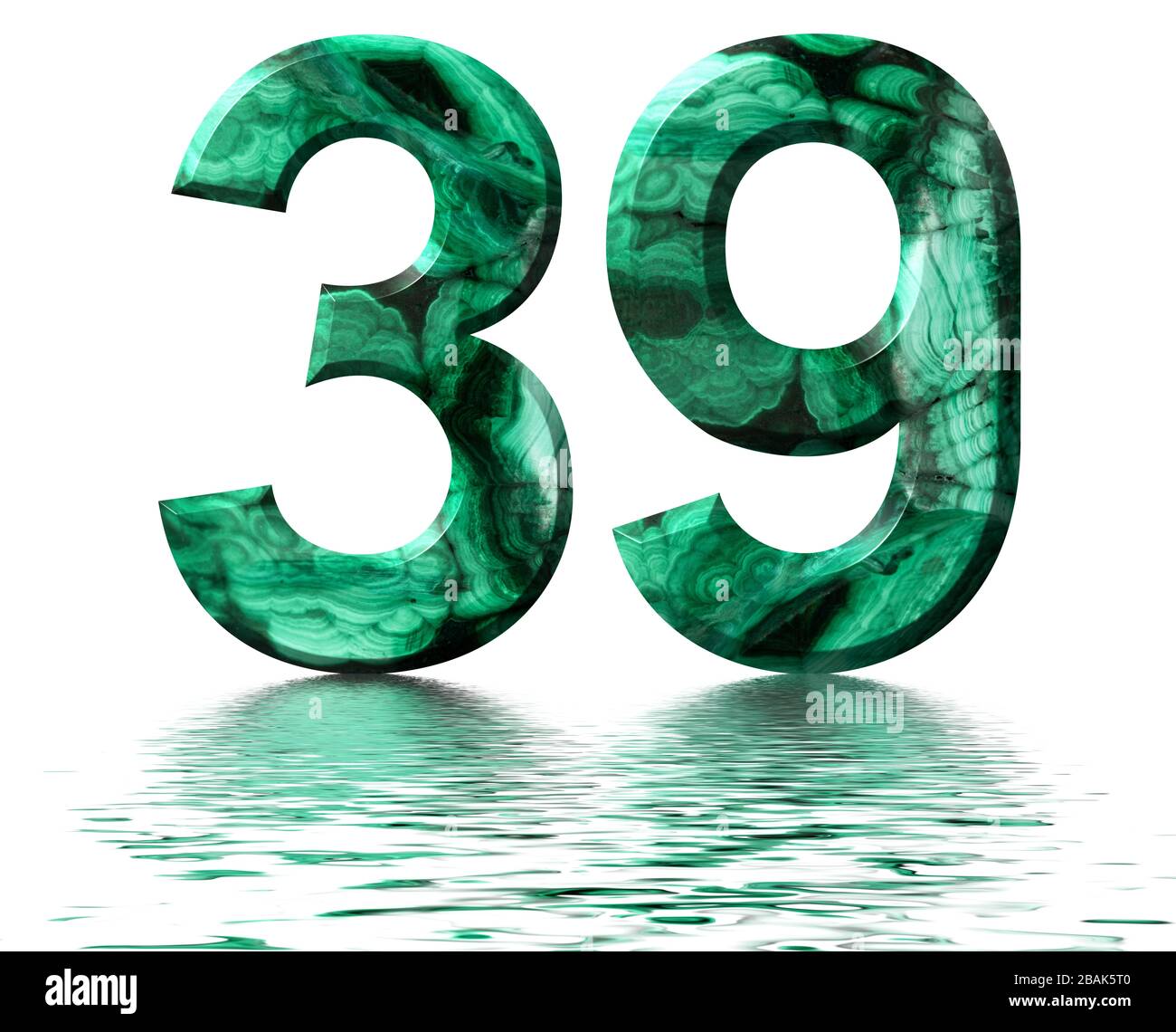 Arabic numeral 39, thirty nine, from natural green malachite, reflected ...