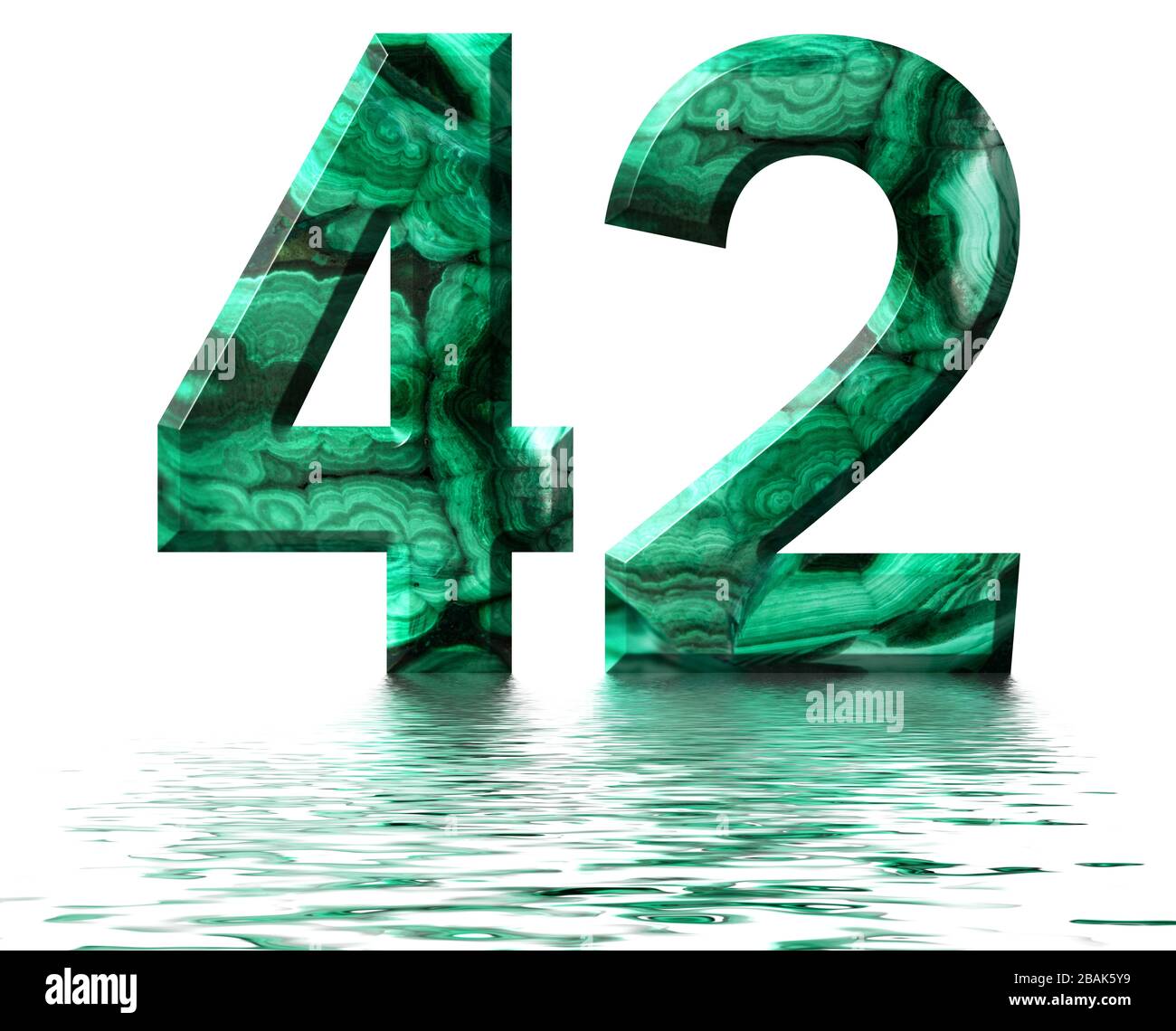 Arabic numeral 42, forty two, from natural green malachite, reflected ...