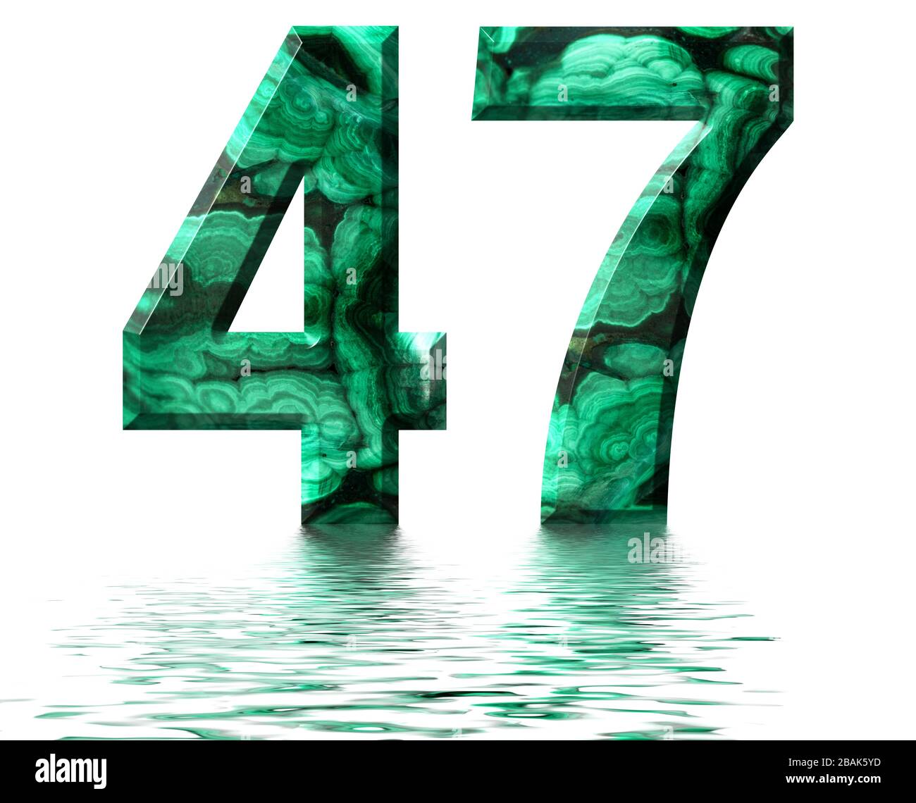 Arabic numeral 47, forty seven, from natural green malachite, reflected ...