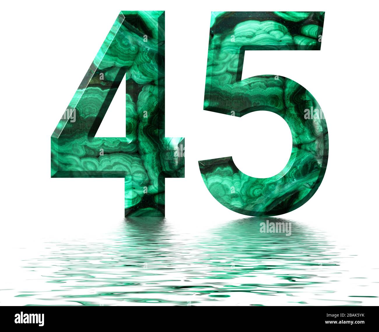 Arabic numeral 45, forty five, from natural green malachite, reflected ...