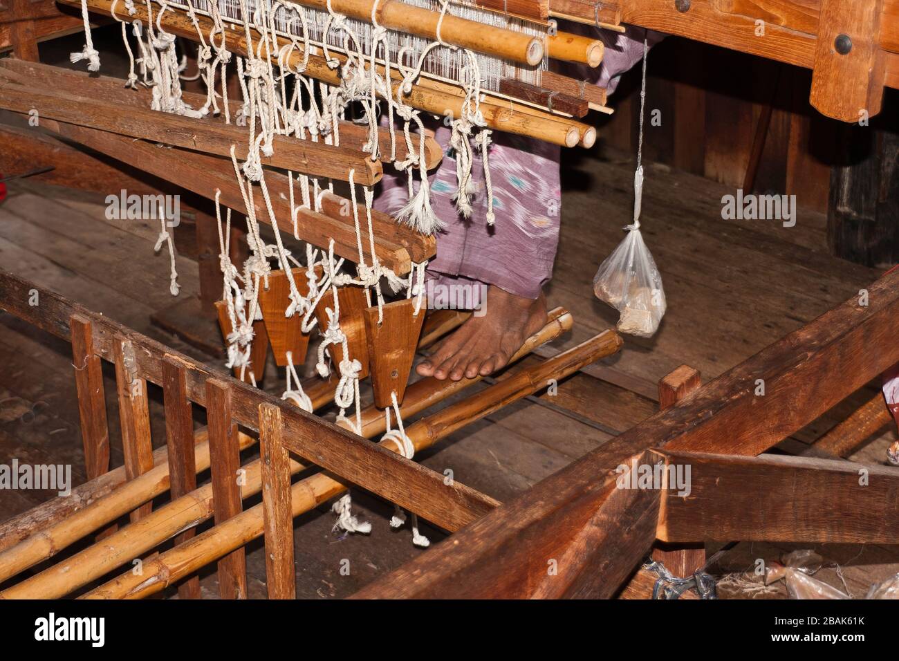 Foot work on the treadles of a loom, Myanmar Stock Photo - Alamy