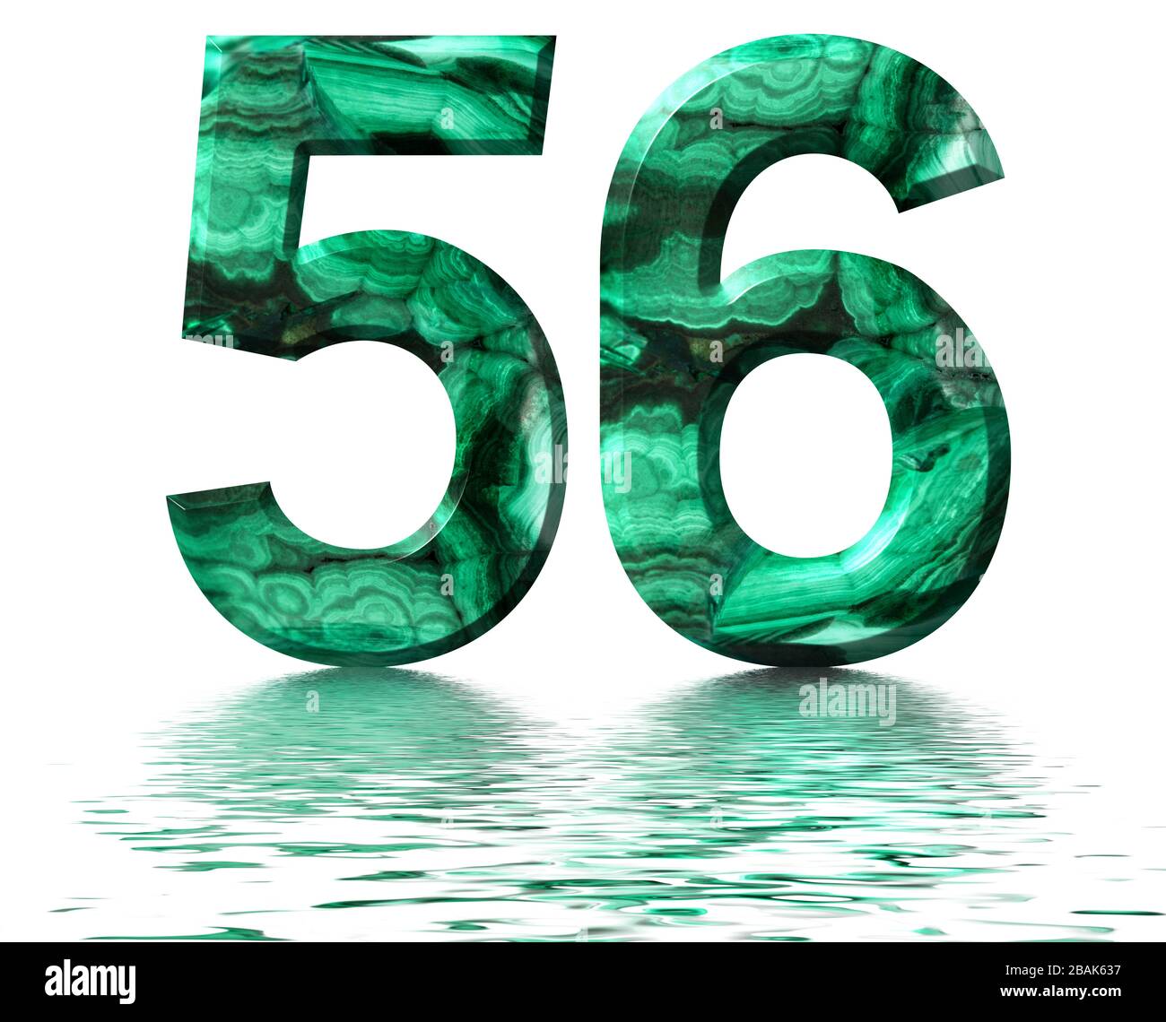 Arabic numeral 56, fifty six, from natural green malachite, reflected ...