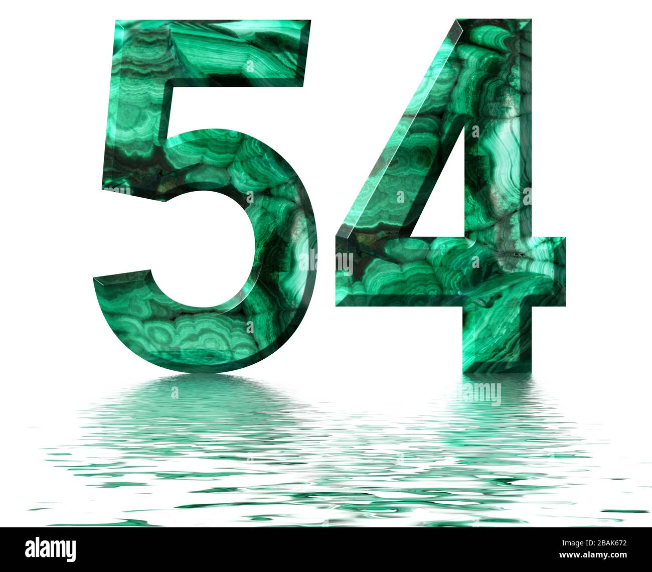 Arabic numeral 54, fifty four, from natural green malachite, reflected ...