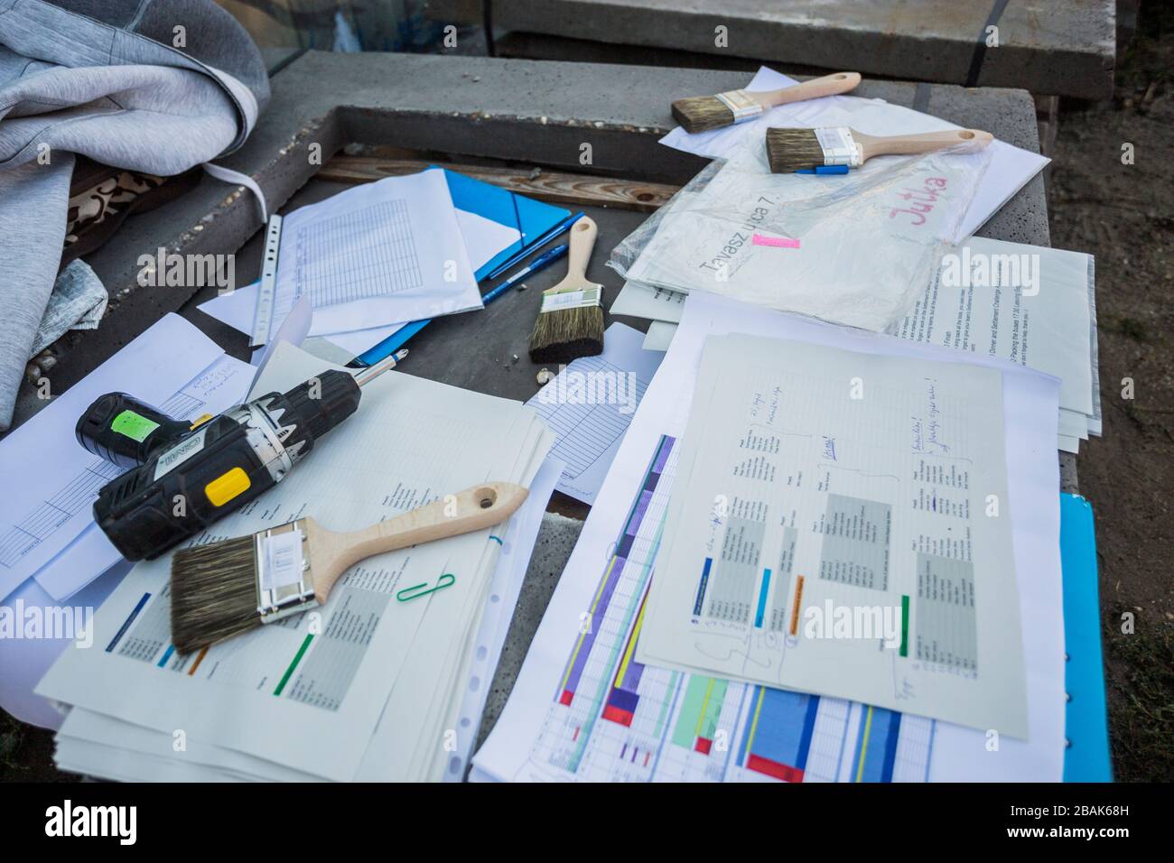 Task list and tools ready for work during a humanitarian renovation in ...