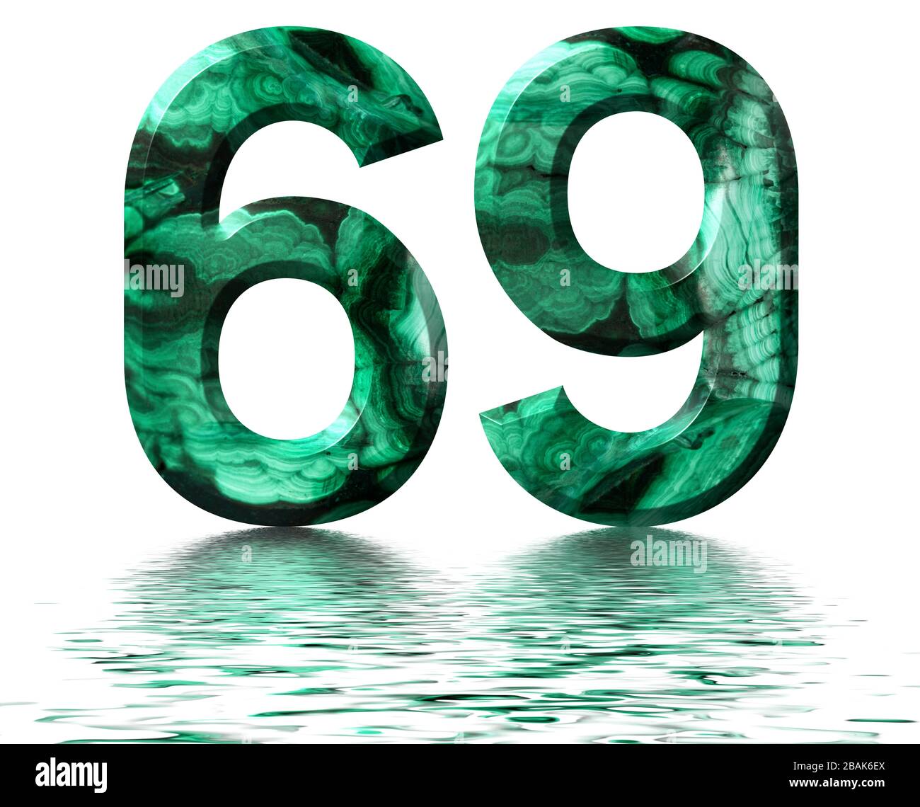 Arabic numeral 69, sixty nine, from natural green malachite, reflected ...