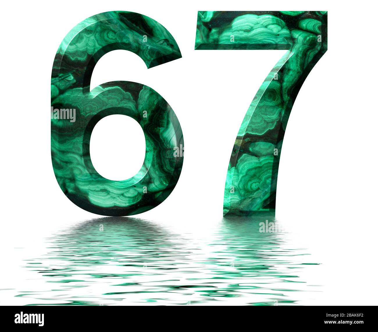 Arabic numeral 67, sixty seven, from natural green malachite, reflected ...