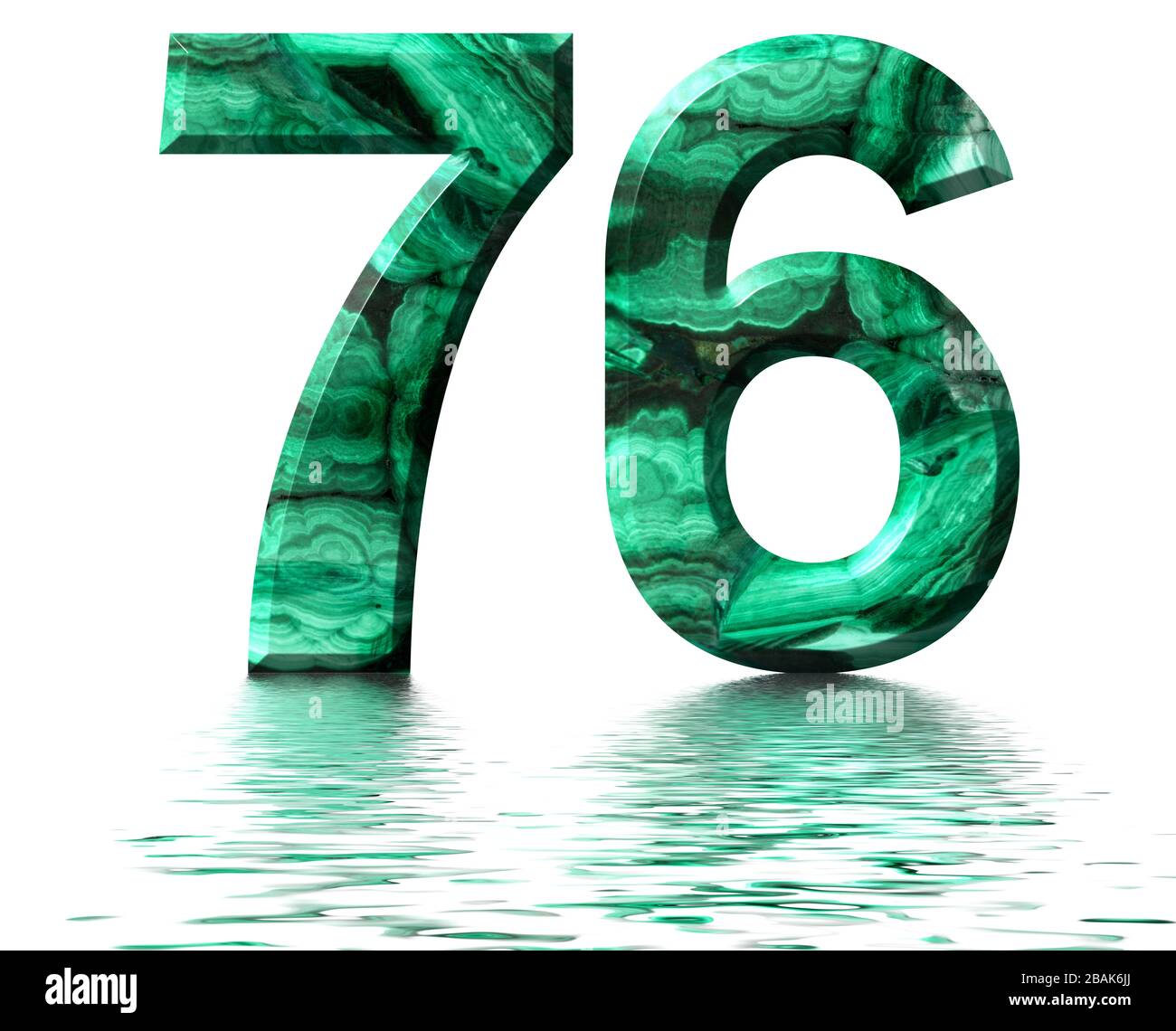 Arabic numeral 76, seventy six, from natural green malachite, reflected ...