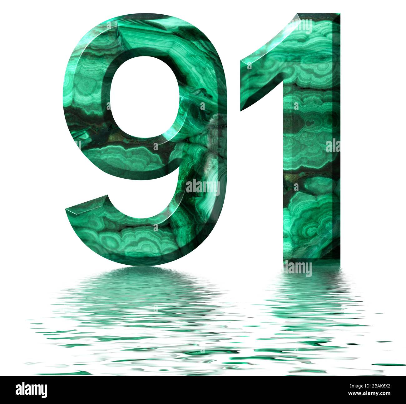 Arabic numeral 91, ninety one, from natural green malachite, reflected ...