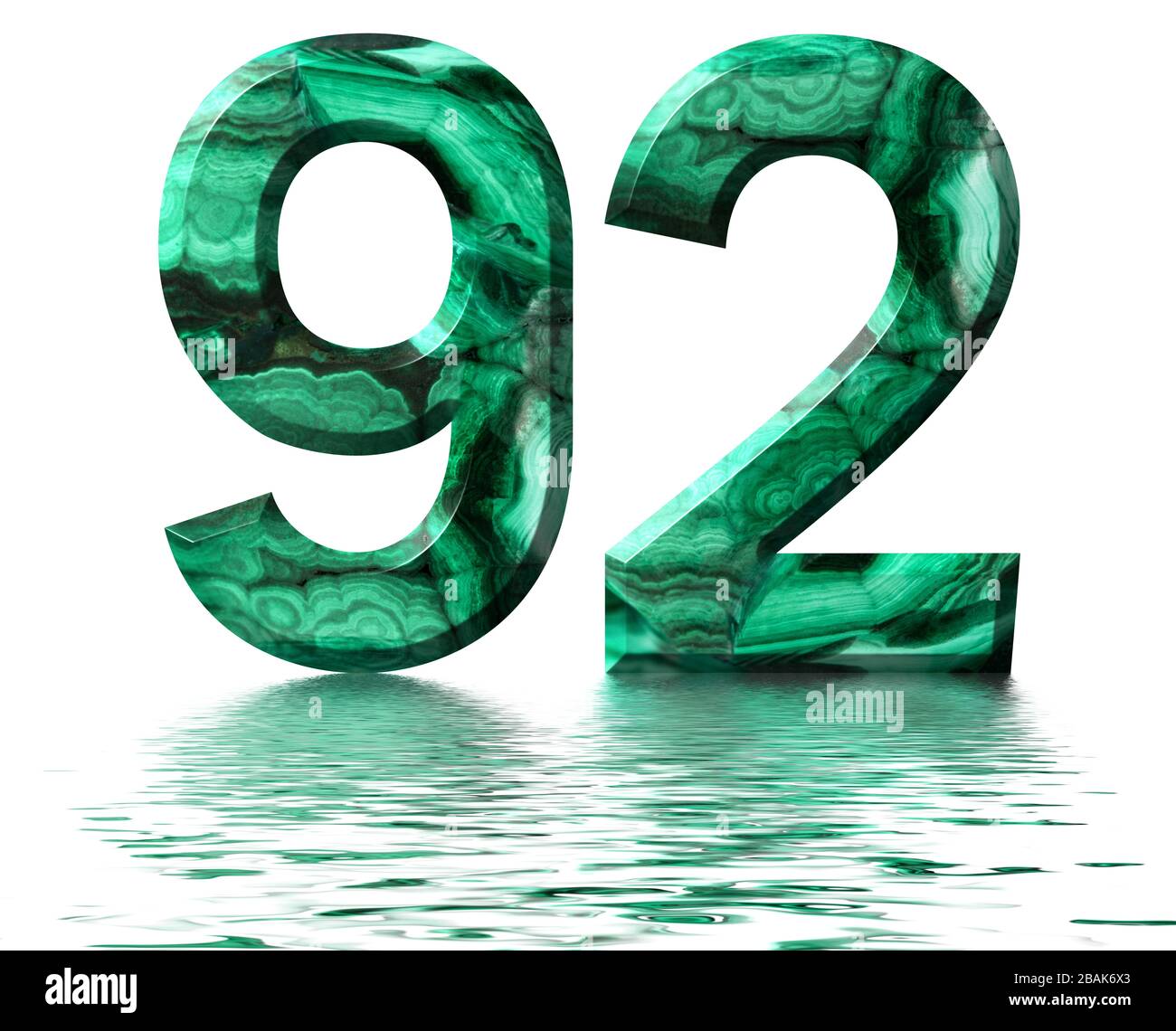 Arabic numeral 92, ninety two, from natural green malachite, reflected ...