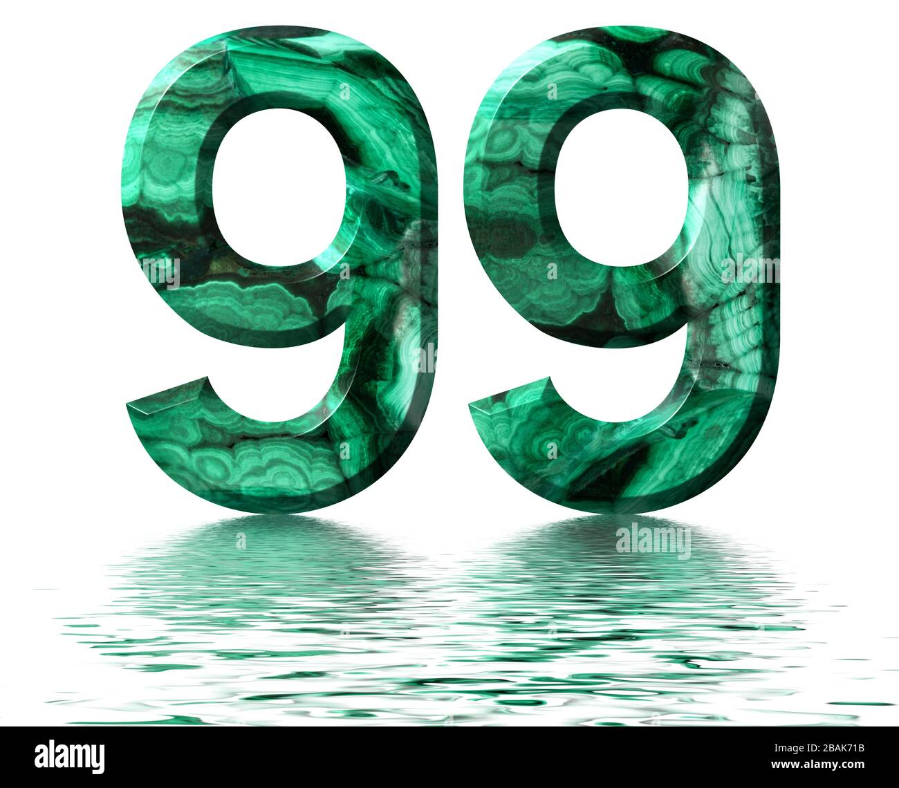 Arabic numeral 99, ninety nine, from natural green malachite, reflected ...