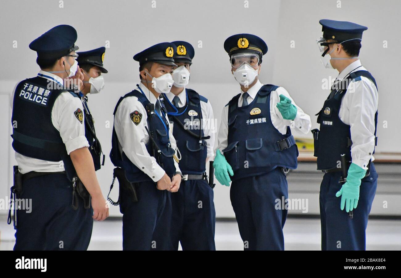 Narita, Japan. 28th Mar, 2020. Police officer of Chiba-prefecture stand ...